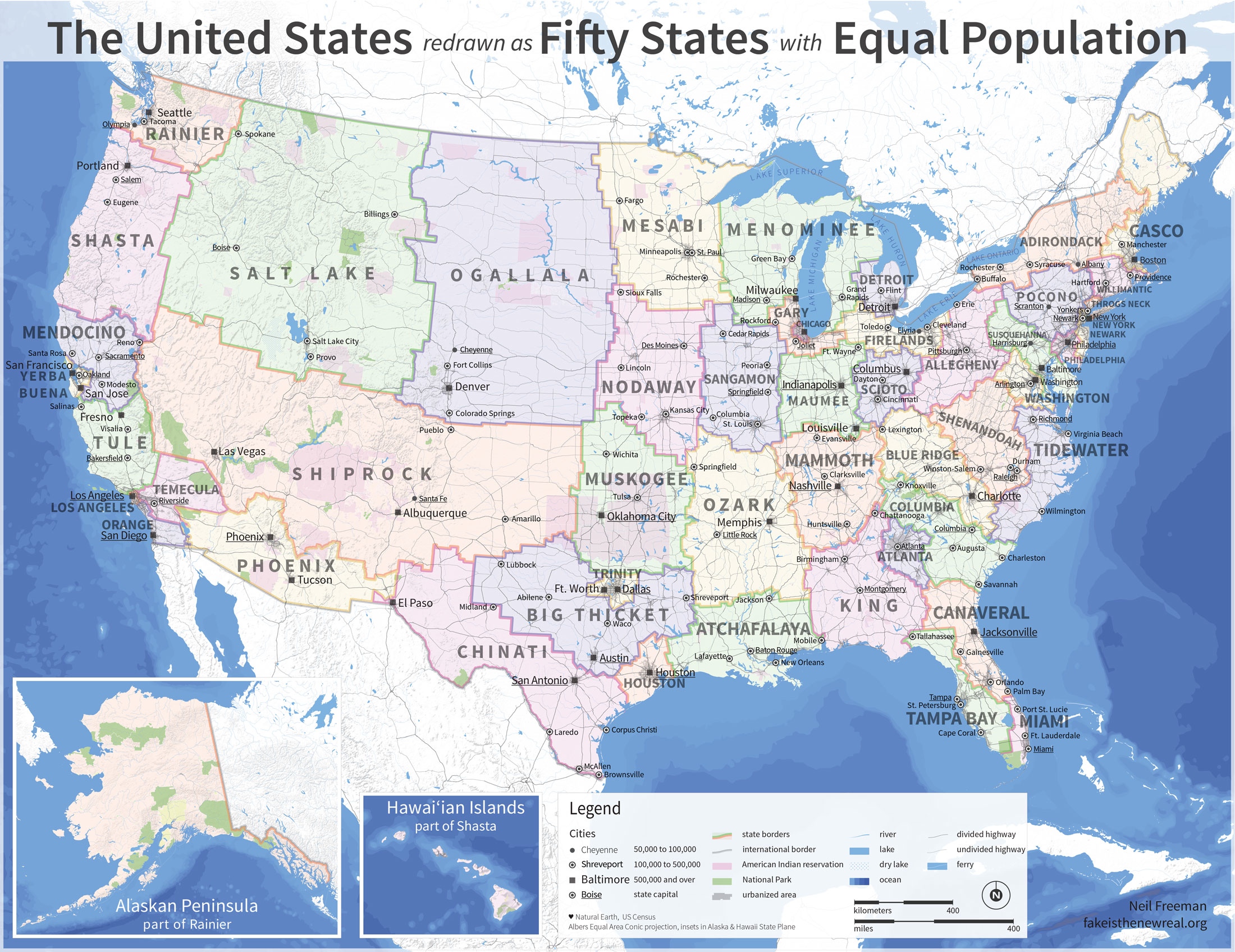 The U.S. Map Redrawn as 50 States With Equal Population – It's Interesting